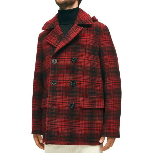 Brooks Brothers Out Buffalo Check Hooded Wool Peacoat