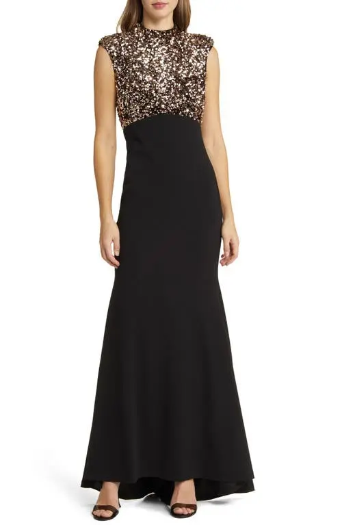 Vince Camuto Sequin Cap Sleeve Trumpet Gown In Black/Copper - 25% Off |  Editorialist