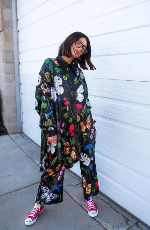 DRESSED IN LALA Posh Floral Oversize Satin Button-up Shirt & Pants Set - Folklore