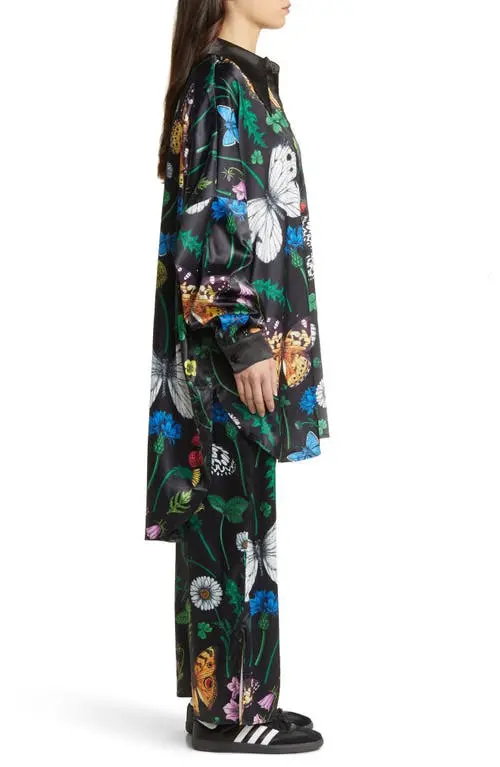 DRESSED IN LALA Posh Floral Oversize Satin Button-up Shirt & Pants Set - Folklore