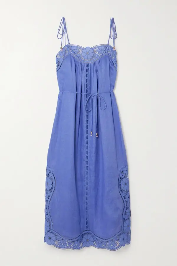 Zimmermann Net Sustain August Belted Broderie Anglaise-trimmed Linen Midi Dress