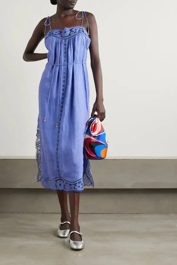 Zimmermann Net Sustain August Belted Broderie Anglaise-trimmed Linen Midi Dress