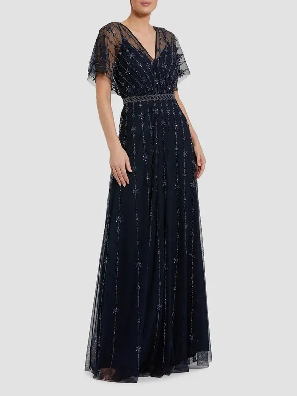 Mac Duggal Crystal-embellished Flutter-sleeve A-line Gown - Midnight