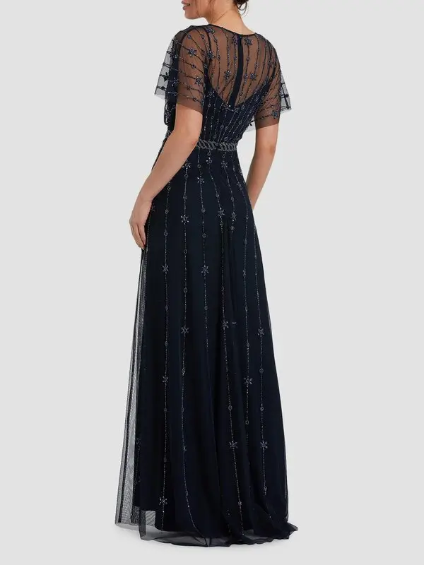 Mac Duggal Crystal-embellished Flutter-sleeve A-line Gown - Midnight