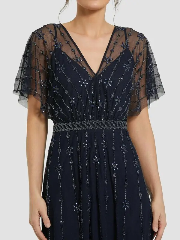 Mac Duggal Crystal-embellished Flutter-sleeve A-line Gown - Midnight