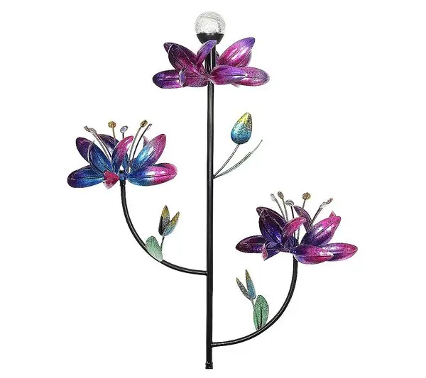 EVERGREEN Purple & Blue Solar Triple Flower Wind Spinner