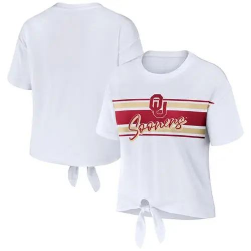 WEAR BY ERIN ANDREWS Oklahoma Sooners Striped Front Knot Cropped T-shirt - White