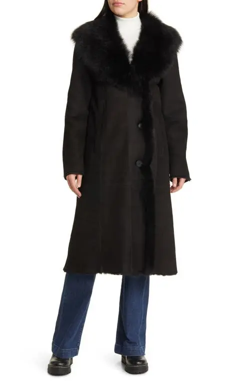HISO Libra Longline Genuine Shearling Coat - Jet Suede Toscana Rasado