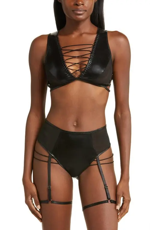 HAUTY Strappy Faux Leather & Mesh Bralette - Black