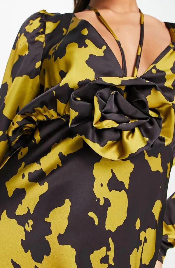 Asos Corsage Rosette Long Sleeve Satin Dress In Yellow - 61% Off |  Editorialist