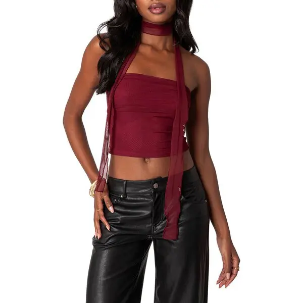 EDIKTED Mesh Tube Top & Scarf Set - Red