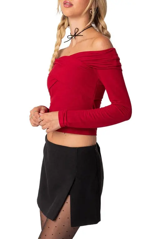 EDIKTED Off-the-shoulder Long-sleeve Crop Top - Red