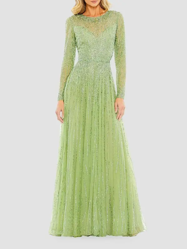 Mac Duggal Sequined Long-sleeve Illusion Gown - Sage