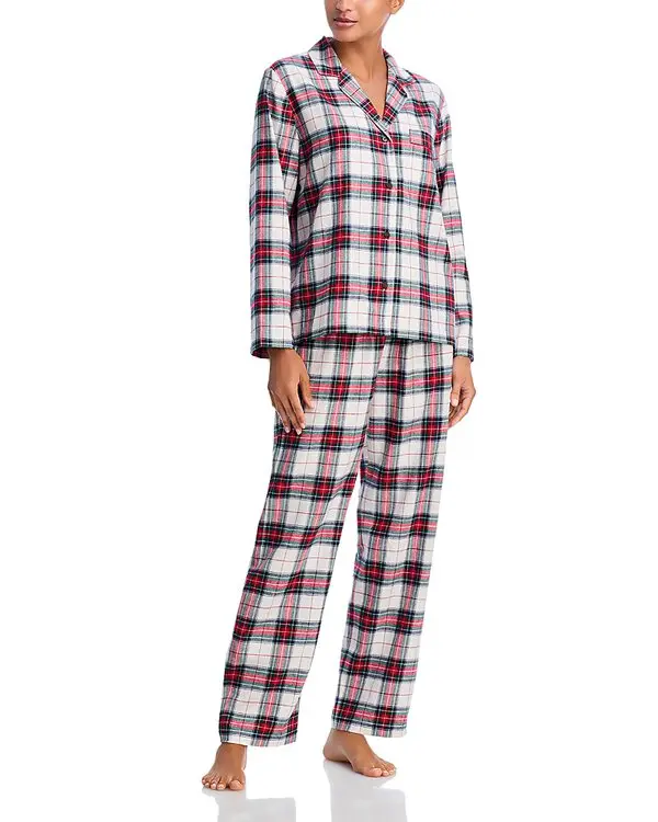 Eberjey Flannel Long Holiday Pajama Set - Tartan Plaid Ivory/holly Red