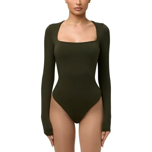 Naked Wardrobe Squared Away Long Sleeve Thong Bodysuit - Olive