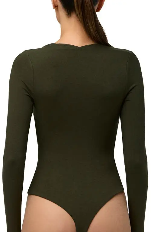 Naked Wardrobe Squared Away Long Sleeve Thong Bodysuit - Olive