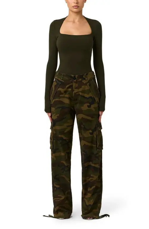 Naked Wardrobe Squared Away Long Sleeve Thong Bodysuit - Olive