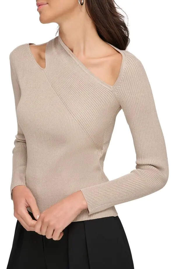 Dkny Cutout Shoulder Asymmetric Neck Ribbed Sweater - Light City Khaki
