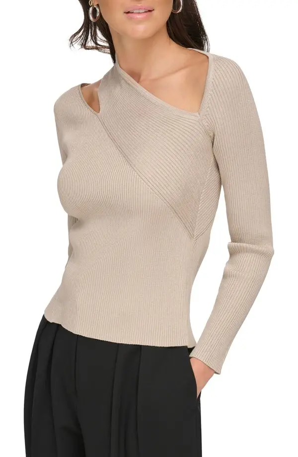 Dkny Cutout Shoulder Asymmetric Neck Ribbed Sweater - Light City Khaki