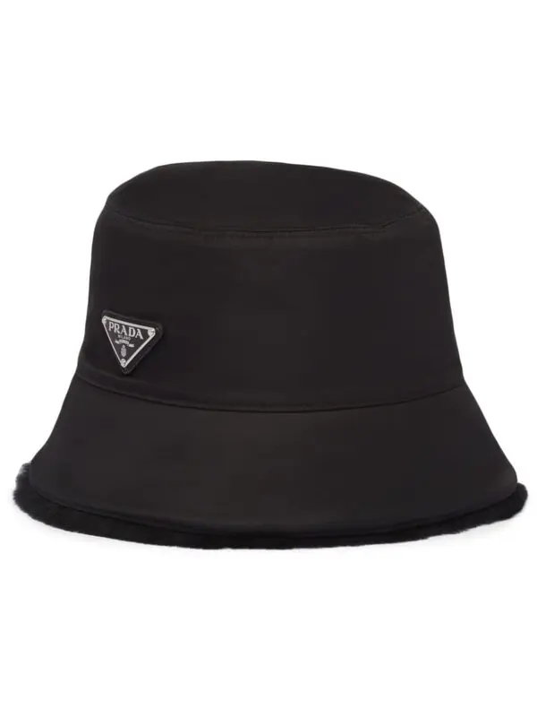 Prada Shearling Bucket Hat With Triangle Logo - Black