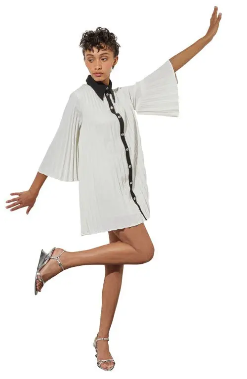Ming Wang Pleated Mini Shirtdress - White/black