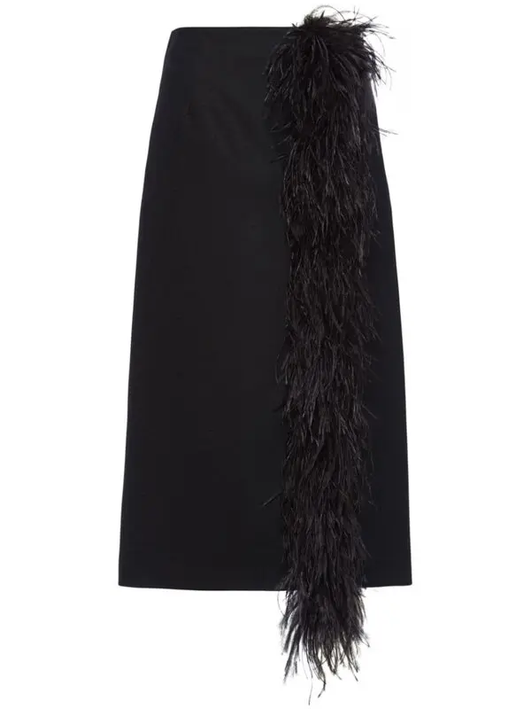 Prada Feather-trimmed Wool Midi Skirt
