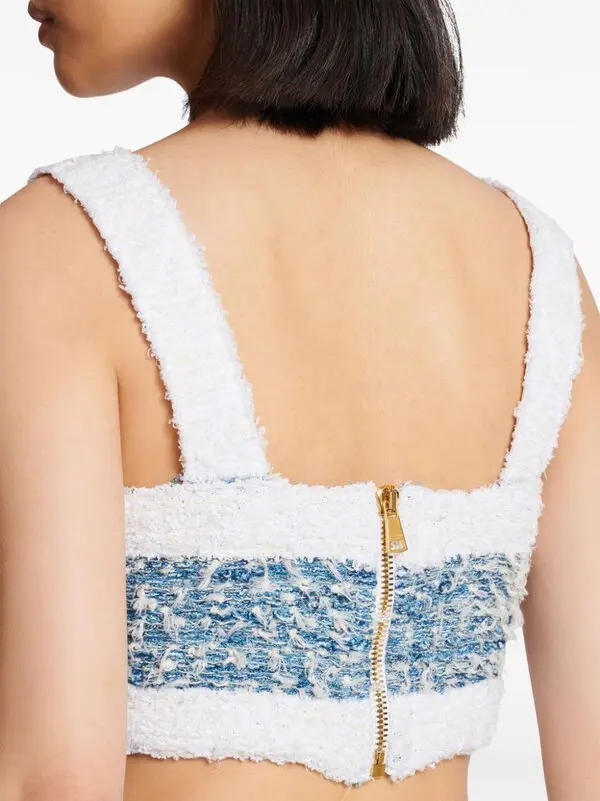 Balmain Denim Tweed Crop Top - White