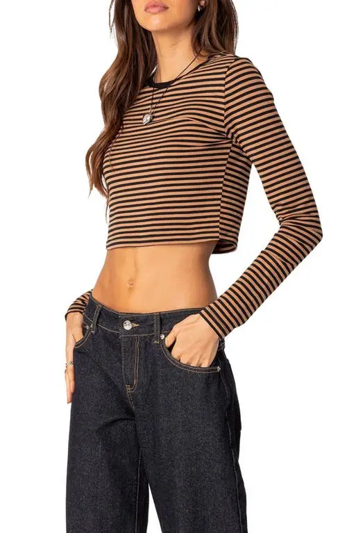 EDIKTED Montie Stripe Long Sleeve Stretch Cotton Crop Top - Brown