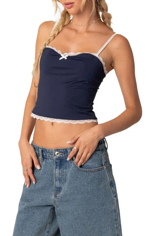 EDIKTED Alara Lace Trim Crop Camisole - Navy