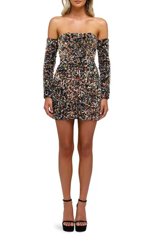 HELSI Sequin Off-the-shoulder Mini Dress With Long Sleeves - Iridescent Multi