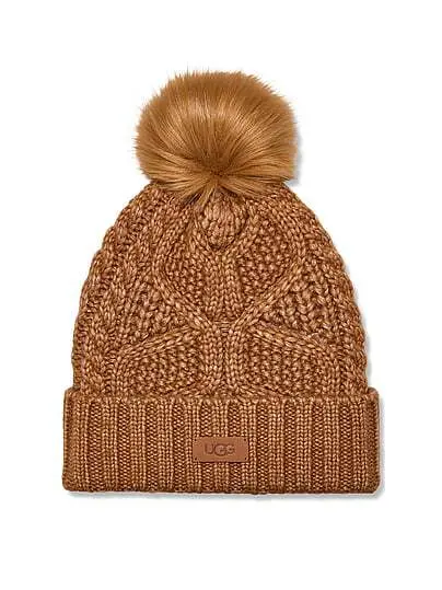 Pink Ugg® Cable Knit Beanie With Faux Fur Pom - Brown