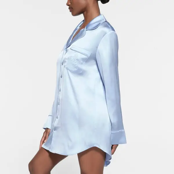 skims silk button up night dress Skims Hotel Shine Button Up Sleep Dress - Celeste