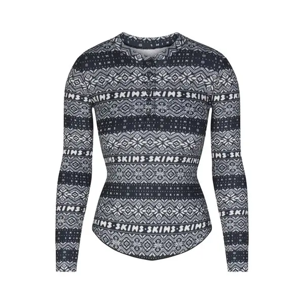 SKIMS Logo Plush Pointelle Long Sleeve Henley - Onyx Fair Isle