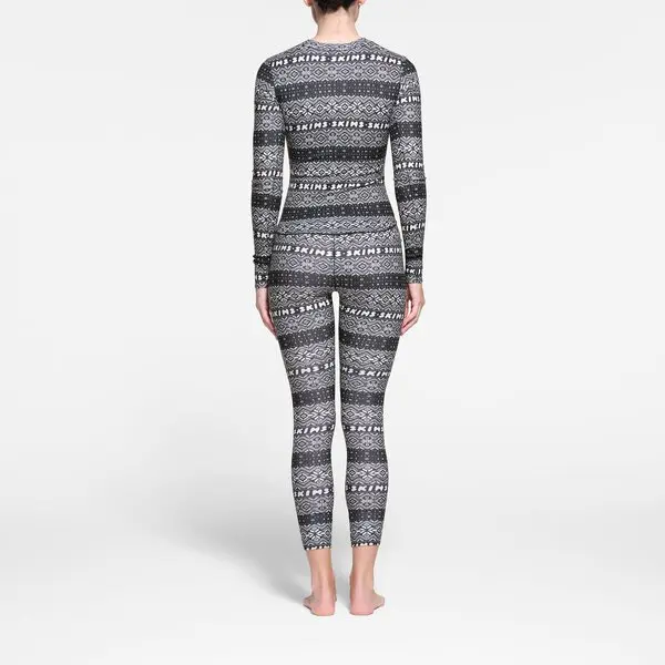 SKIMS Logo Plush Pointelle Long Sleeve Henley - Onyx Fair Isle