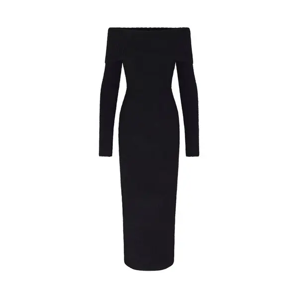Skims Cozy Knit Off The Shoulder Dress - Onyx | Editorialist