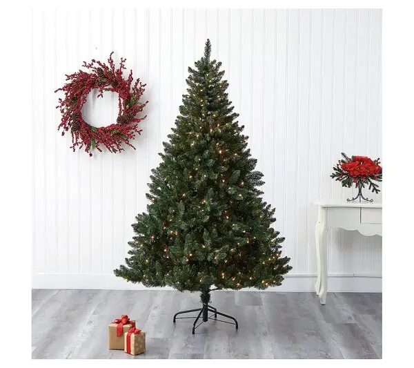 NEARLY NATURAL 7' Northern Rocky Faux Christmas Tree W/ Lights - One-color