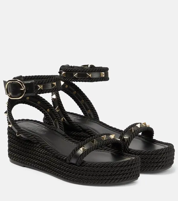 Valentino Garavani Rockstud Espadrille Wedges Black 20% Off