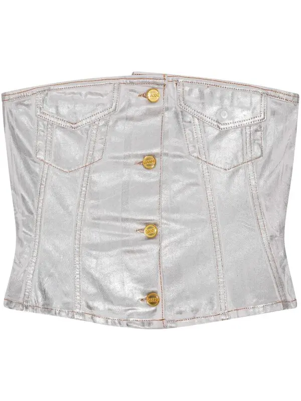 GANNI Foiled-finish Organic-cotton Denim Top - Silver