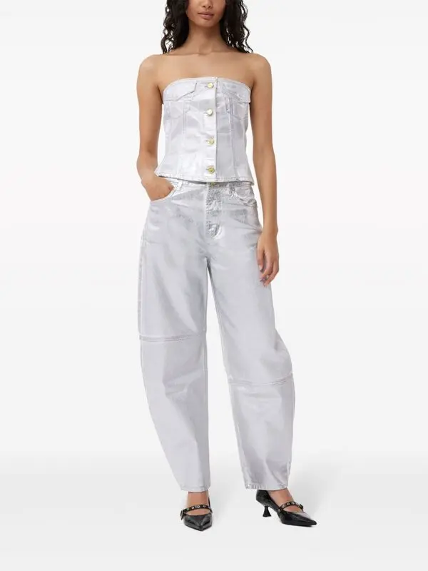 GANNI Foiled-finish Organic-cotton Denim Top - Silver