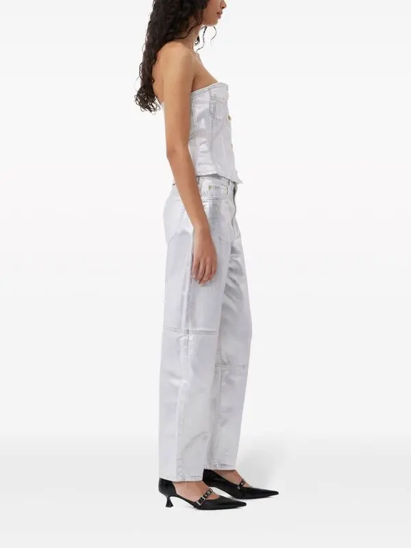 GANNI Foiled-finish Organic-cotton Denim Top - Silver