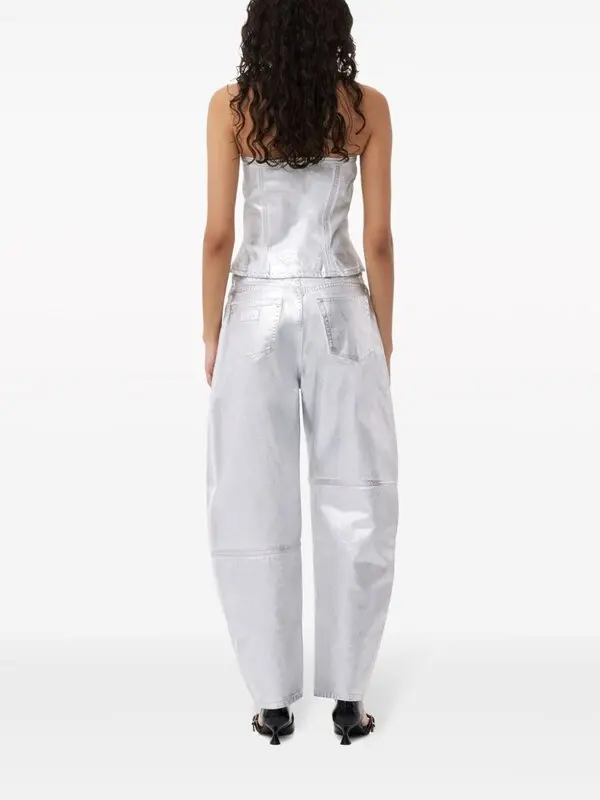 GANNI Foiled-finish Organic-cotton Denim Top - Silver