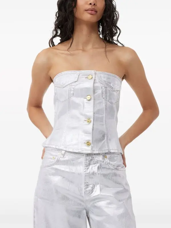 GANNI Foiled-finish Organic-cotton Denim Top - Silver