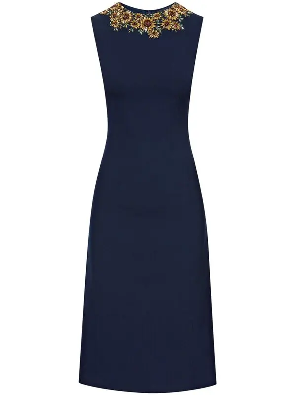 Oscar De La Renta Crystal Sunflower Embroidered Pencil Dress - Blue
