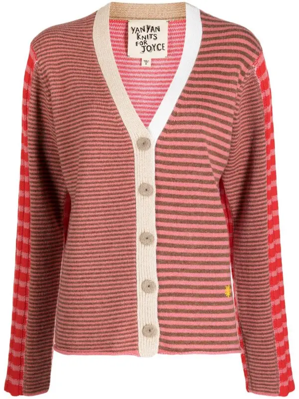 YANYAN Striped V-neck Lambs Wool Cardigan - Red
