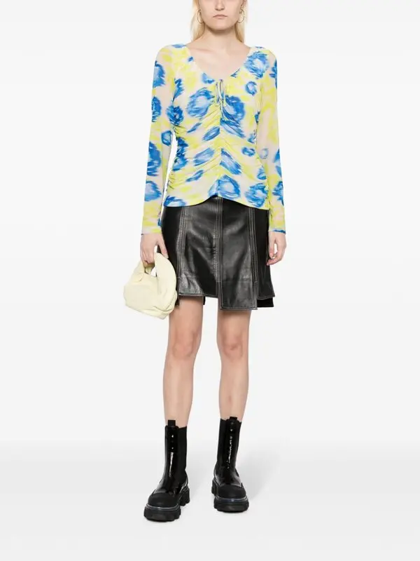 GANNI Floral-print Ruched Mesh Top