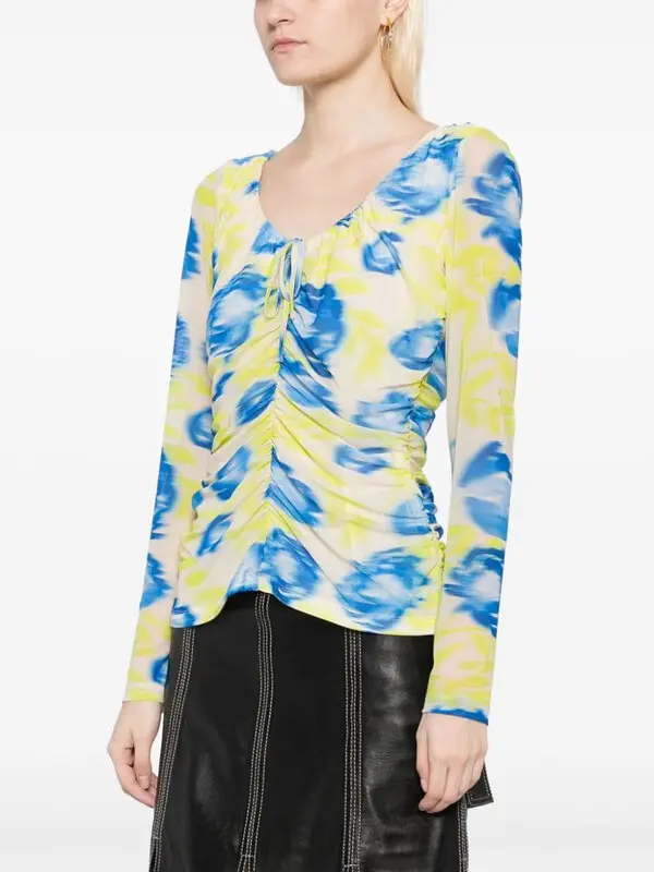 GANNI Floral-print Ruched Mesh Top