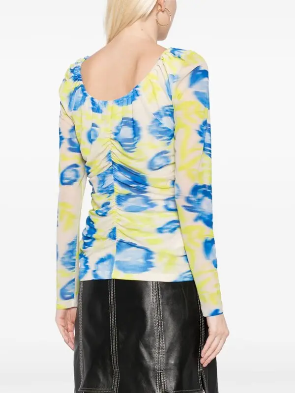 GANNI Floral-print Ruched Mesh Top