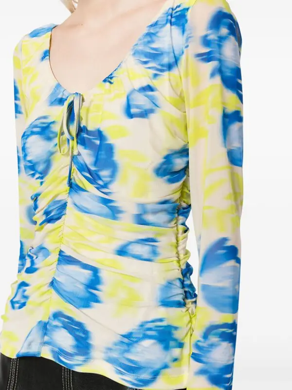 GANNI Floral-print Ruched Mesh Top