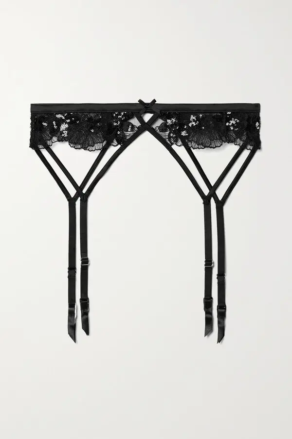 FLEUR DU MAL Net Sustain Embellished Embroidered Recycled-tulle Suspender Belt