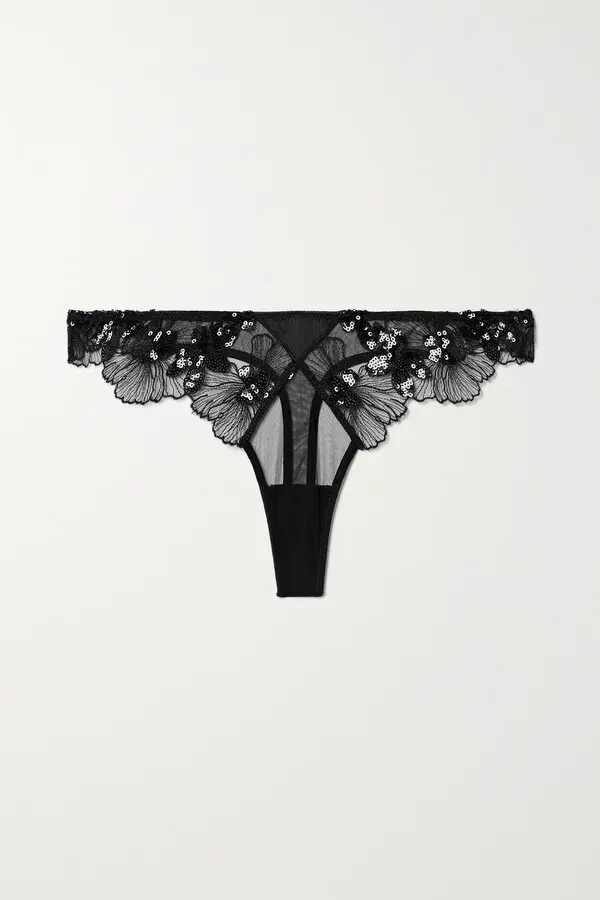 FLEUR DU MAL Net Sustain Embellished Embroidered Recycled-tulle Thong